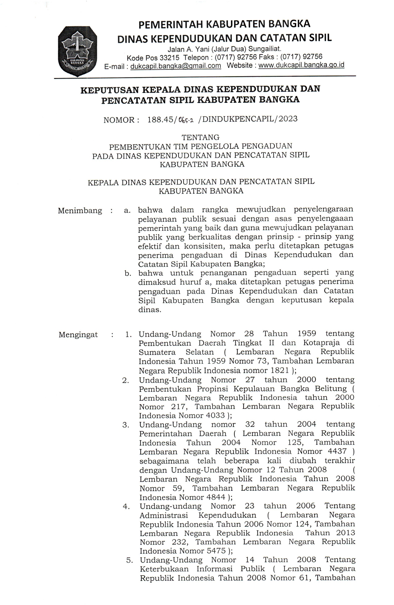 SK PEMBENTUKAN TIM PENGELOLA PENGADUAN PADA DUKCAPIL KAB BANGKA